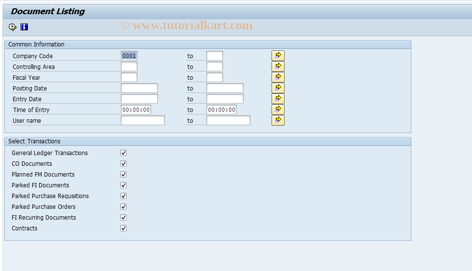 FMFG E YFITRG02 SAP Tcode Document Listing Transaction Code