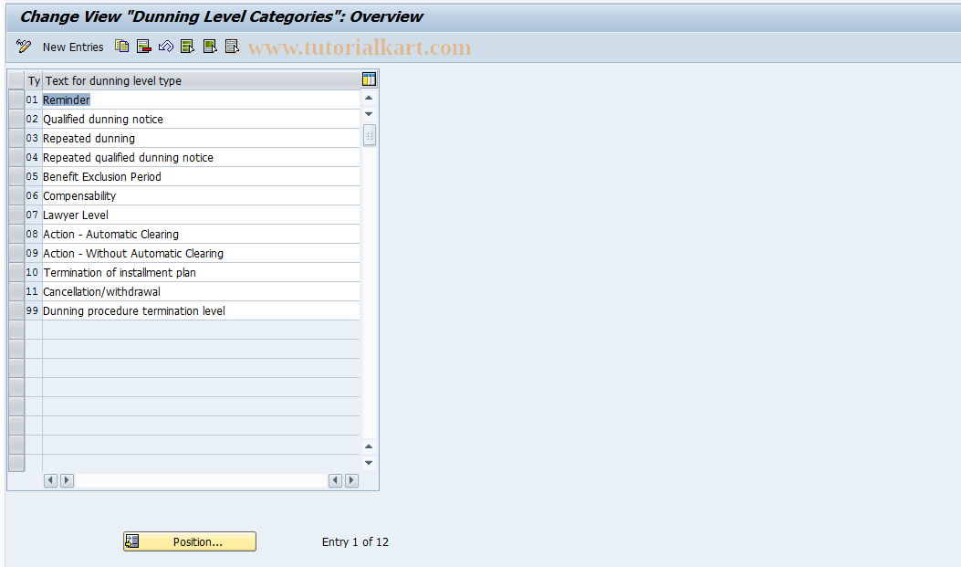 FQM7 SAP Tcode FI CA Dunning Customer Dun Level Types Transaction Code