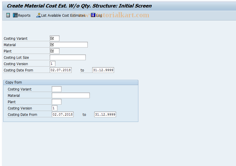 KKPA SAP Tcode Create Cost Est With O Qty Structure Transaction Code
