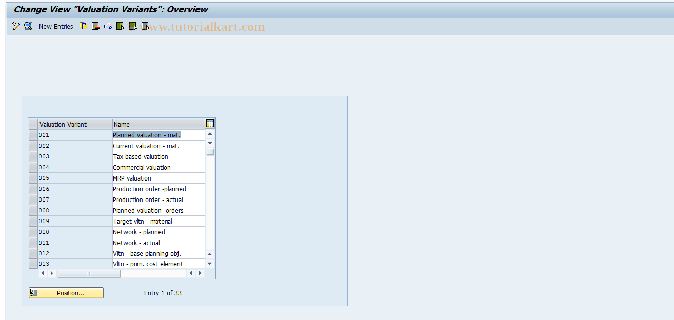 OKYT SAP Tcode: Valuation Variant: Service Line