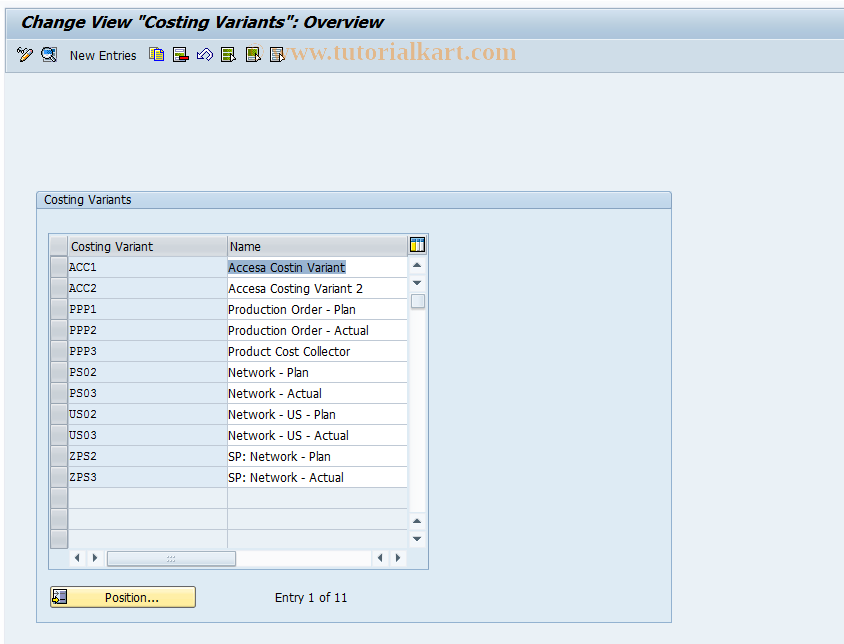 OPL1 SAP Tcode: Costing Variants: PP Production Order