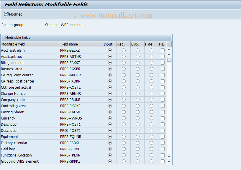 OPUI SAP Tcode: Field selection: Standard WBS elements