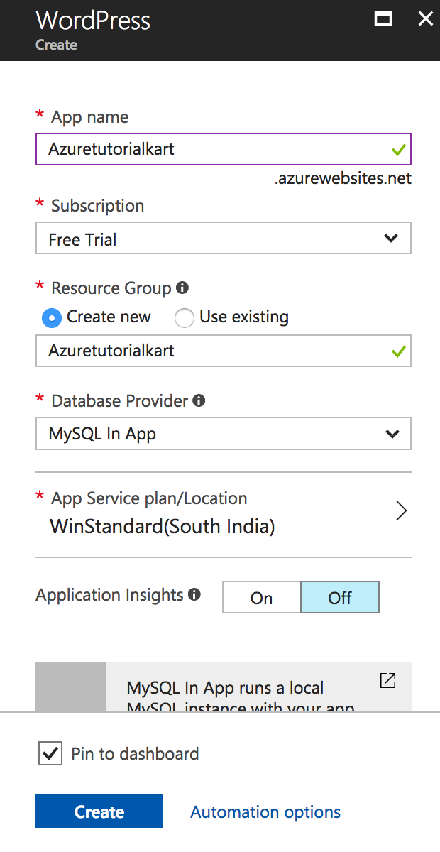Create Wordpress Website using Azure marketplace template
