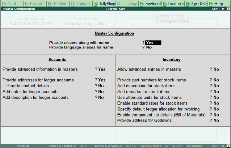 Configurations in Tally ERP 9 (F12: Configuration)