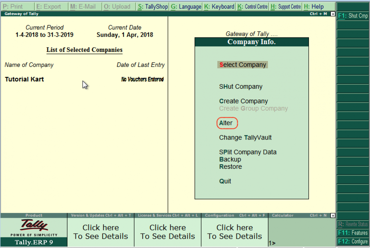 How to Alter/ Delete / Shut Company in Tally