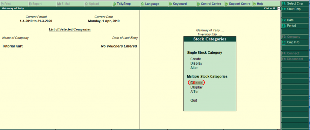 How to Create Stock Category in Tally