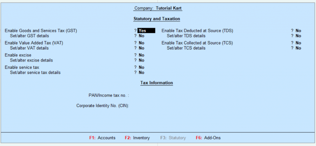 Company Features in Tally (F11: Features)