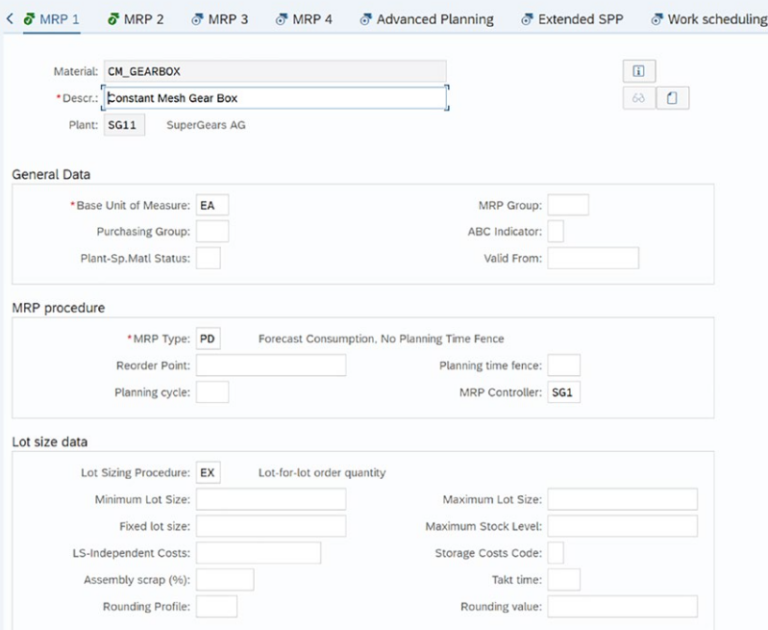 MRP1 View in Material Master: General Data, MRP Procedure, and Lot Size Data