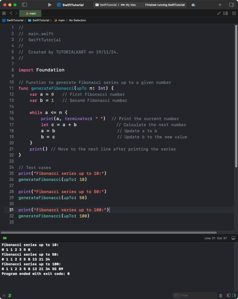 Swift - Generate Fibonacci Series up to Given Number