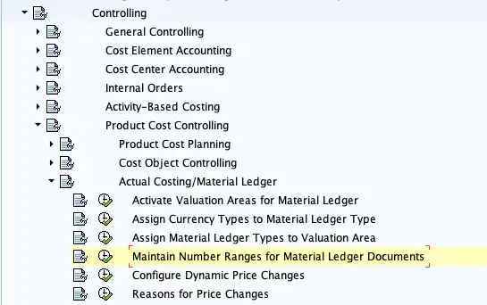 Maintain Number Ranges for Material Ledger Documents