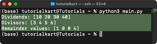 NumPy remainder() - Remainder of Division of Array