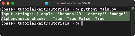 NumPy strings.isalnum() - AlphaNumeric Check in String Array